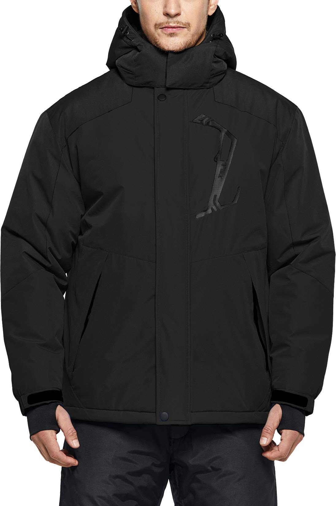 TSLA Men's Winter Ski Jacket, Waterproof Warm Insulated Snow Coats, Cold Weather Windproof Snowboard Jacket with Hood, Multipocket Ski Jacket Black, X-Large