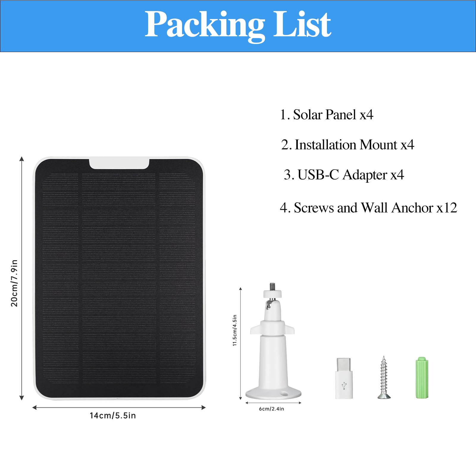 Upgrade 5V 6W Solar Panel for Security Camera, Compatible with Eufycam 2C/2C Pro/2/2 Pro/E20/E40/E, Continuous Power Supply with Micro USB Port, USB-C Adapter and 9.8ft/3m Charging Cord, 4 Pack