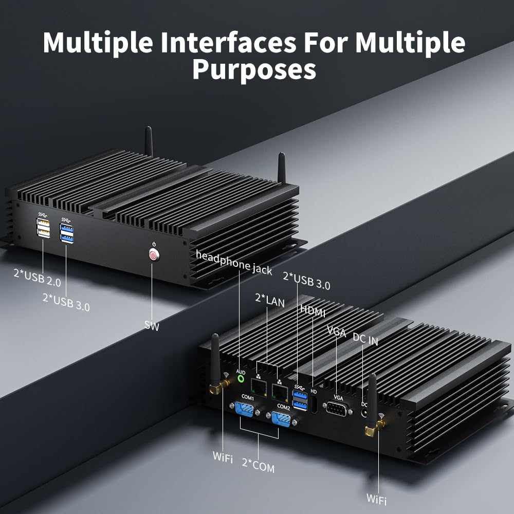 Thdeukoty Fanless Mini Industrial PC, Desktop Computer Core i7-5500U Windows 10 Pro, 16GB RAM 512GB SSD, 2xNICs, 2*COM RS232, 4xUSB3.0, Dula-Band WiFi, HDMI/VGA Ports, Gigabit LAN, Auto Power On