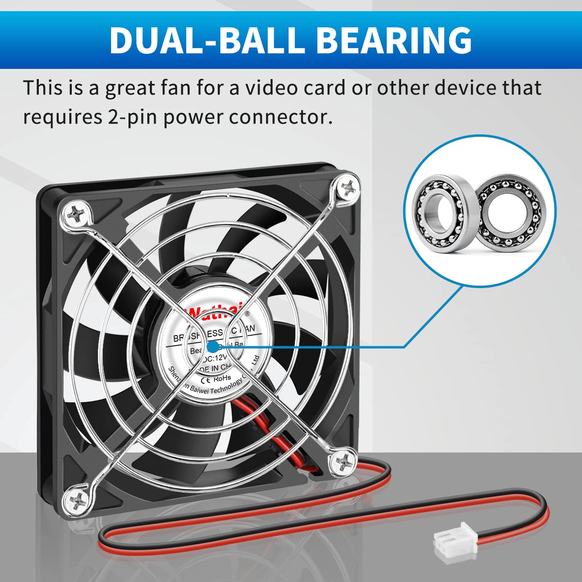 Wathai 80mm x 15mm 12V DC Coolng Fan 2 Pin Dual Ball High Performance Brushless Cooler Case Fans