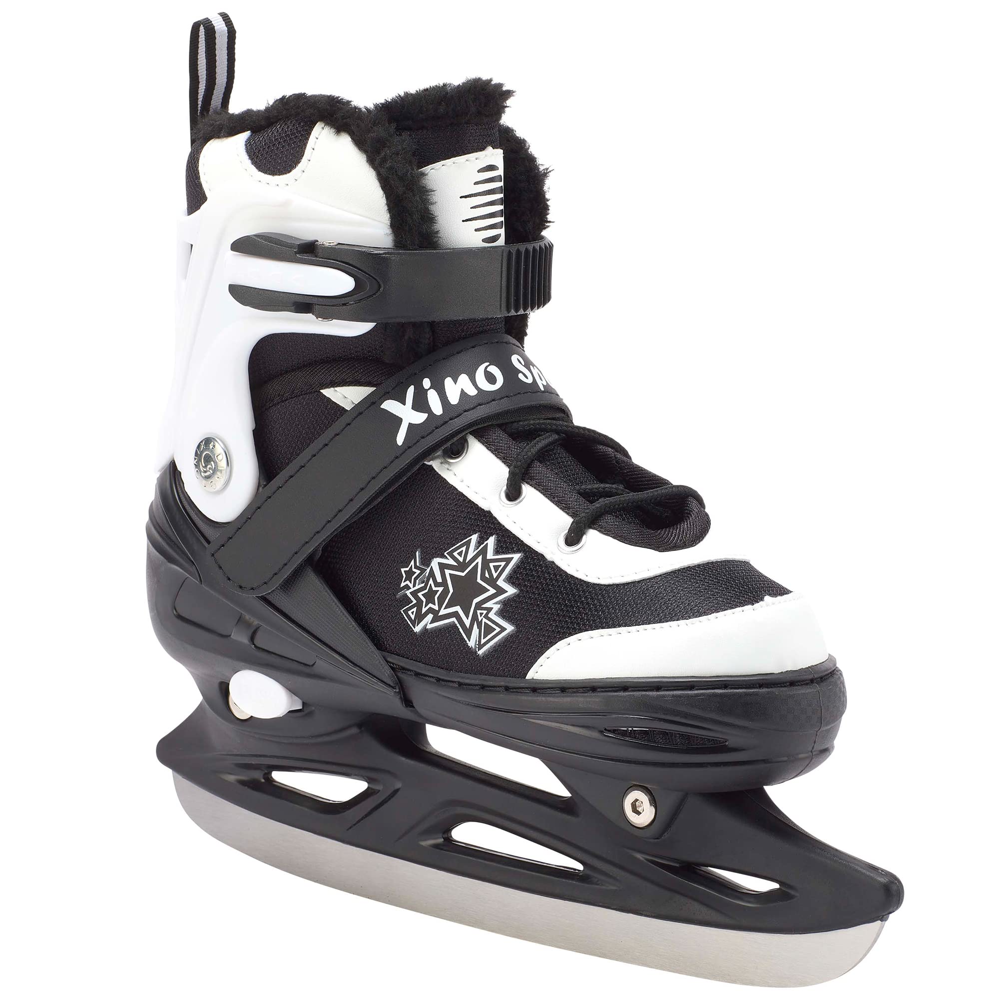 Xino Sports Deluxe Adjustable Ice Skates - for Boys and Girls, Two Awesome Colors - Black and Pink, Faux Fur Padding and Reinforced Ankle Support, Fun to Skate! (Black, Medium - 4-6)