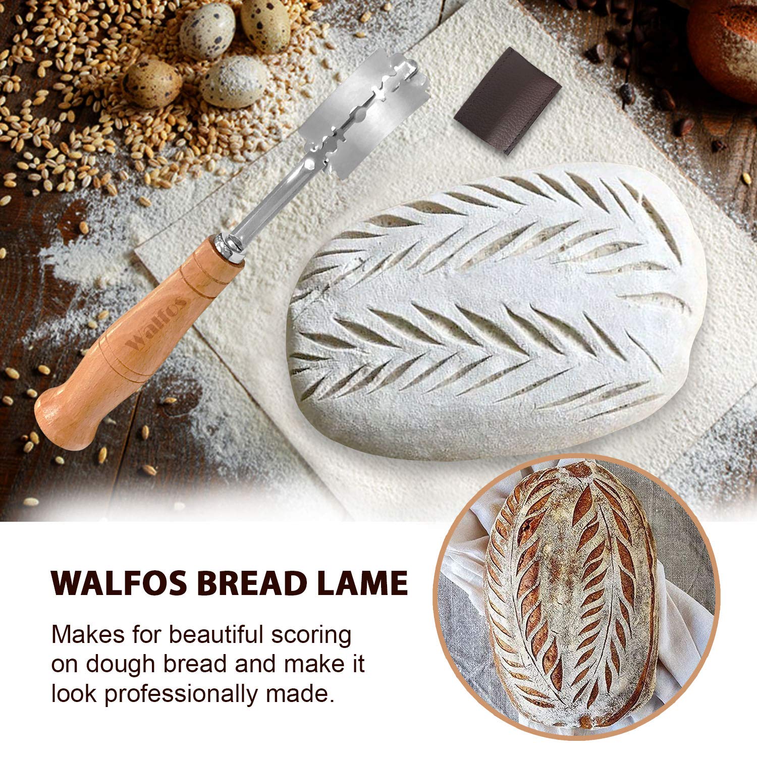 WALFOS Bread Lame - Premium Bread Scoring Knife, Perfect for Scoring Sourdough Bread, Hand Crafted Bakers Lame Built for Bread Bakers, with 6 Blades and Leather Protective Cover
