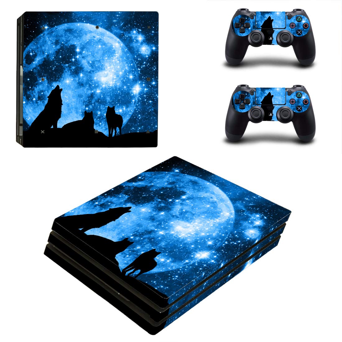 ZOOMHITSKINS PS4 Pro Console and Controller Skins, Black Lone Wolf Pack Sky Moon Blue Devour Stars Animal Night, Durable, Bubble-Free, 1 Console Skin 2 Controller Skins, Made in USA