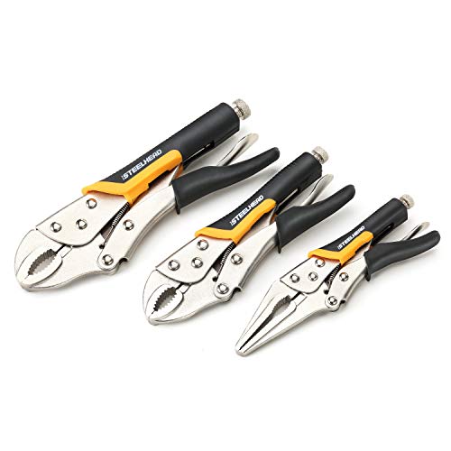 STEELHEAD 3-Piece Locking Pliers Set, 10-inch Curved Jaw, 7-Inch Curved Jaw & 6-1/2β Long Nose Straight Jaw, Integrated Wire Cutter, USA-Based Support