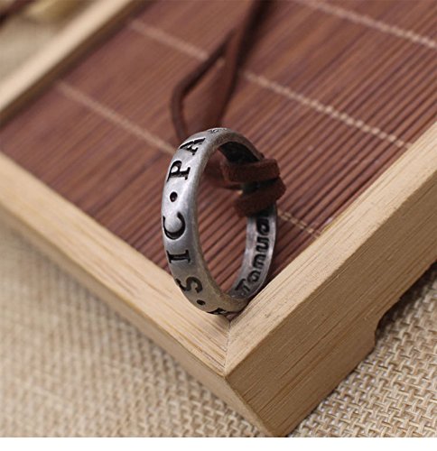 yihan jewelry Sterling Silver Plated Uncharted 4 Drake Engraved Ring Pendant Necklace,brown leather Chain