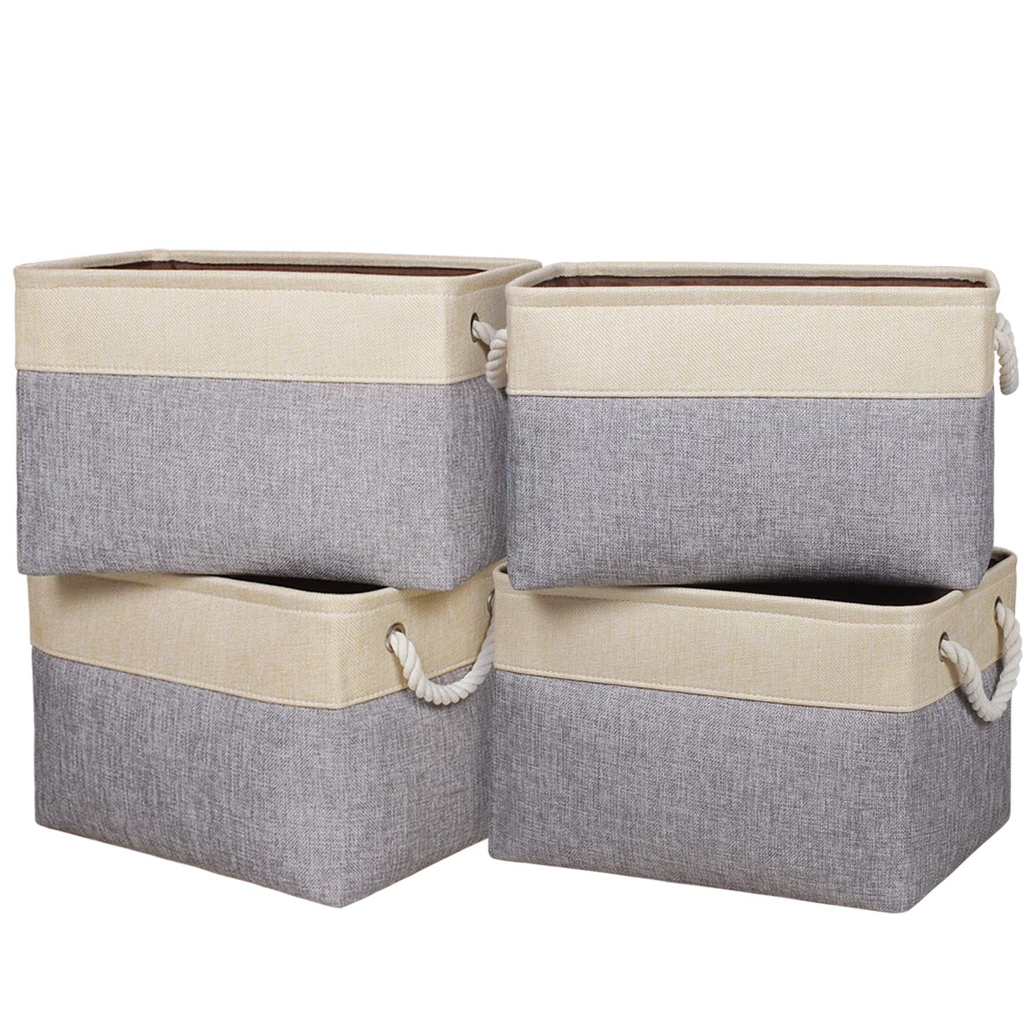 Univivi 4-Pack Storage Large Basket Set Foldable Storage Bins with PU Handles Rectangle Fabric Organizer Bins (Rope Handles-Gray, 15 Inch)