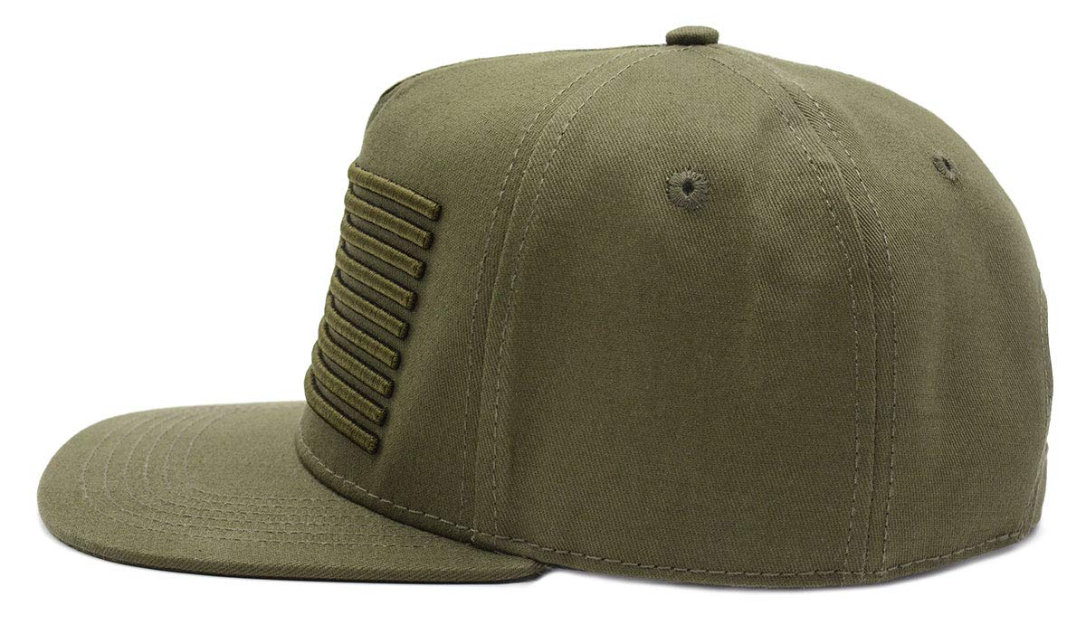 Uphily Olive Drab OD Green USA American Flag Flat Brim Bill Hat - High Profile Patriotic Snapback Baseball Cap for Men or Women