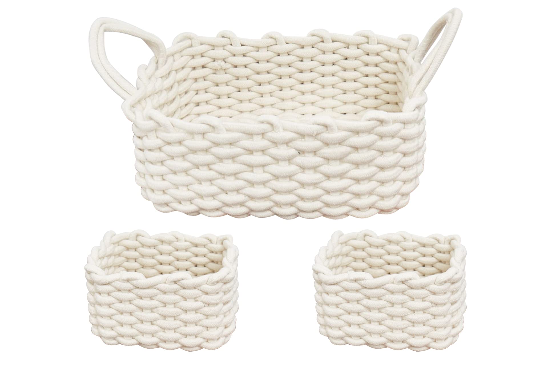 Woven Baskets, Set of 3 for Home, Office, Dorm Room, Living Room, Bedroom, Bathroom, Nursery Storage and Organization (WHITE)