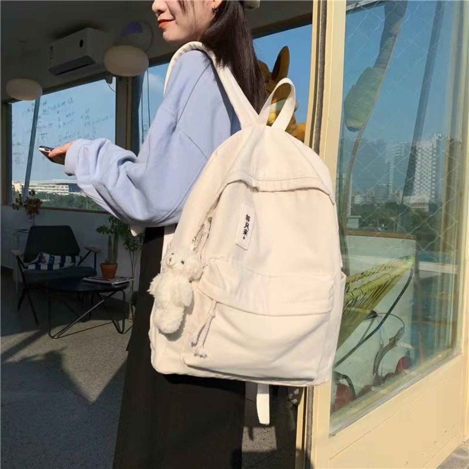 WEIIYONN Kawaii Backpack with Cute Bear Accessories Large Capacity for Laptop Aesthetic Bag for Women Canvas Pastel Bookbag (White)