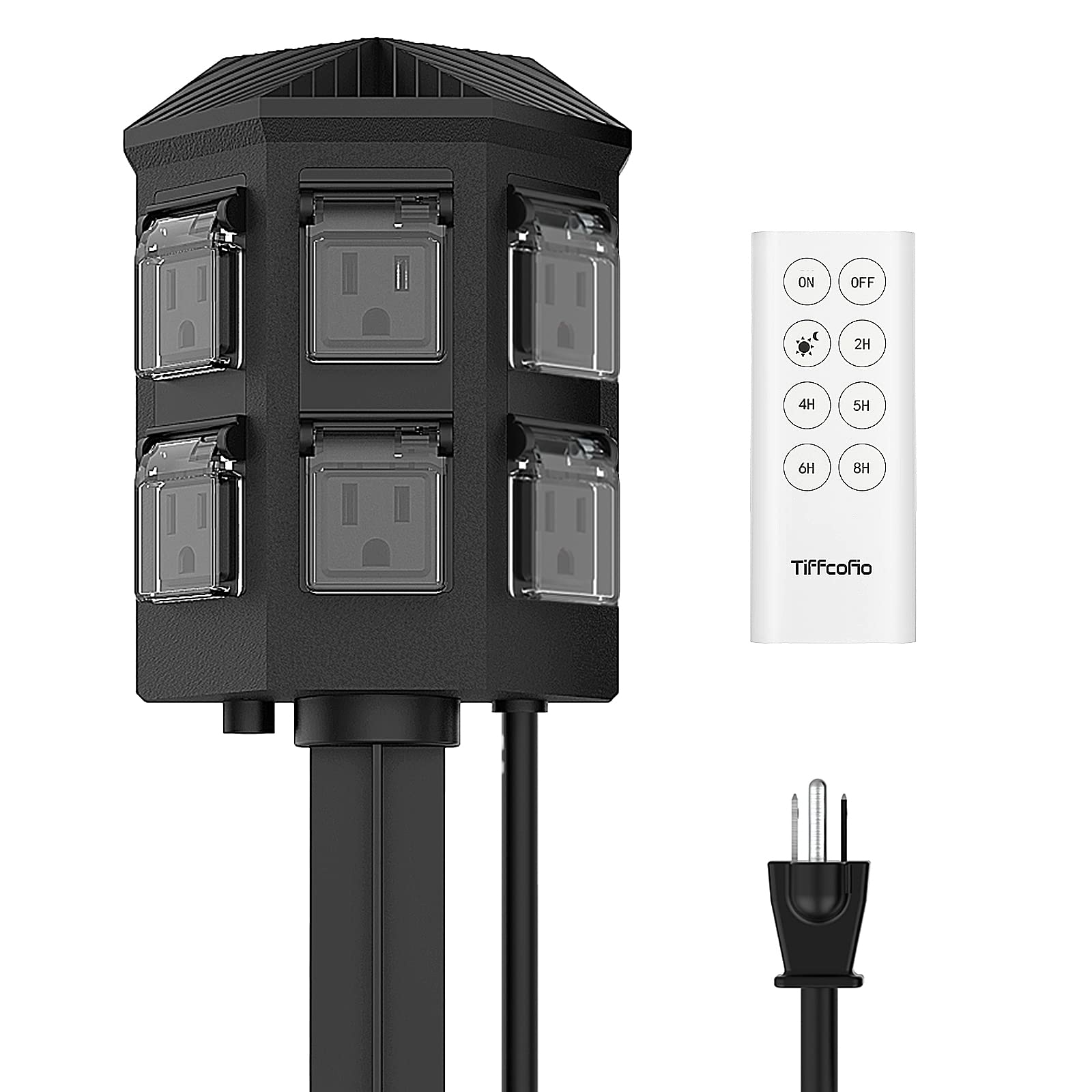 TiFFCOFiO Outdoor Power Stake Timer, 100FT Range Remote Control, Dusk to Dawn Sensor Light Timer, 6FT Extension Cord Waterproof, 6 Grounded Outlets for Outdoor Decorations, ETL Listed