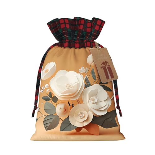 Yioniii Paper Flowers on a Peach Prints pattern Christmas Gift Bags with Drawstring,Christmas Gift Bags Xmas Party Supplies,Orange and White,S