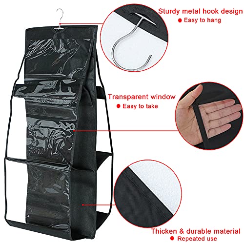 SNOMEL 2 Pack Hanging Purse Handbag Storage Organizer, 6 Pockets Thick & Soft Fabric Handbag Holder for Closet, Foldable Bag Collection Hanger for Wardrobe Shelf (Black & White)