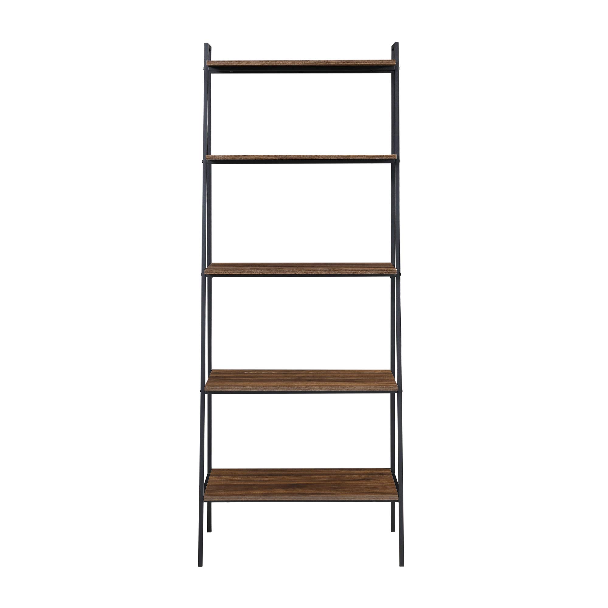 Walker Edison Industrial Metal and Wood Ladder Bookcase Tall Bookshelf Storage Home Office Storage Cabinet, 72 Inch, Dark Walnut