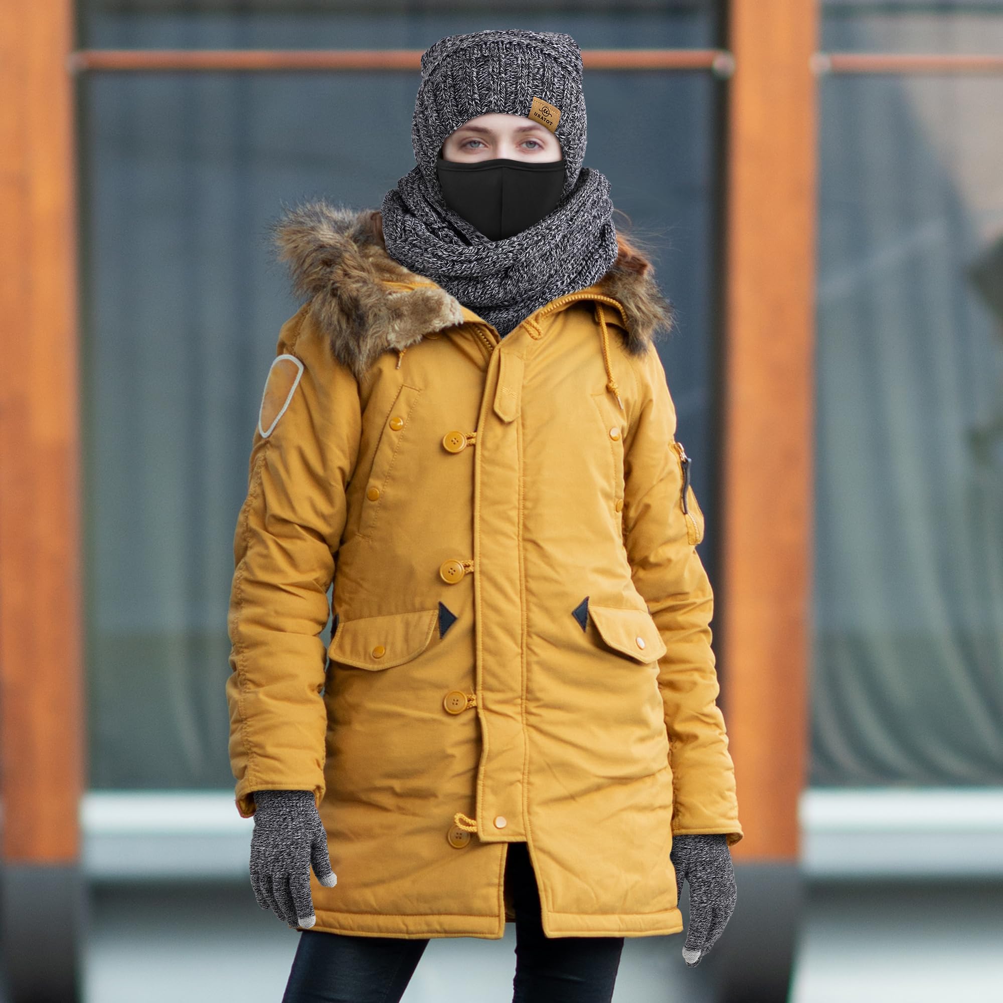 URATOT Winter Knitted Warm Set Infinity Scarf and Hat Touch Screen Gloves for Men and Women
