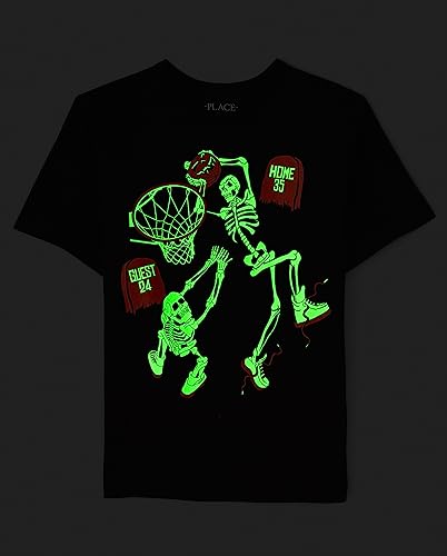 The Childrens Place Boys' All Holidays Short Sleeve Graphic T-Shirts, Halloween Skeleton Bball Glow, Medium