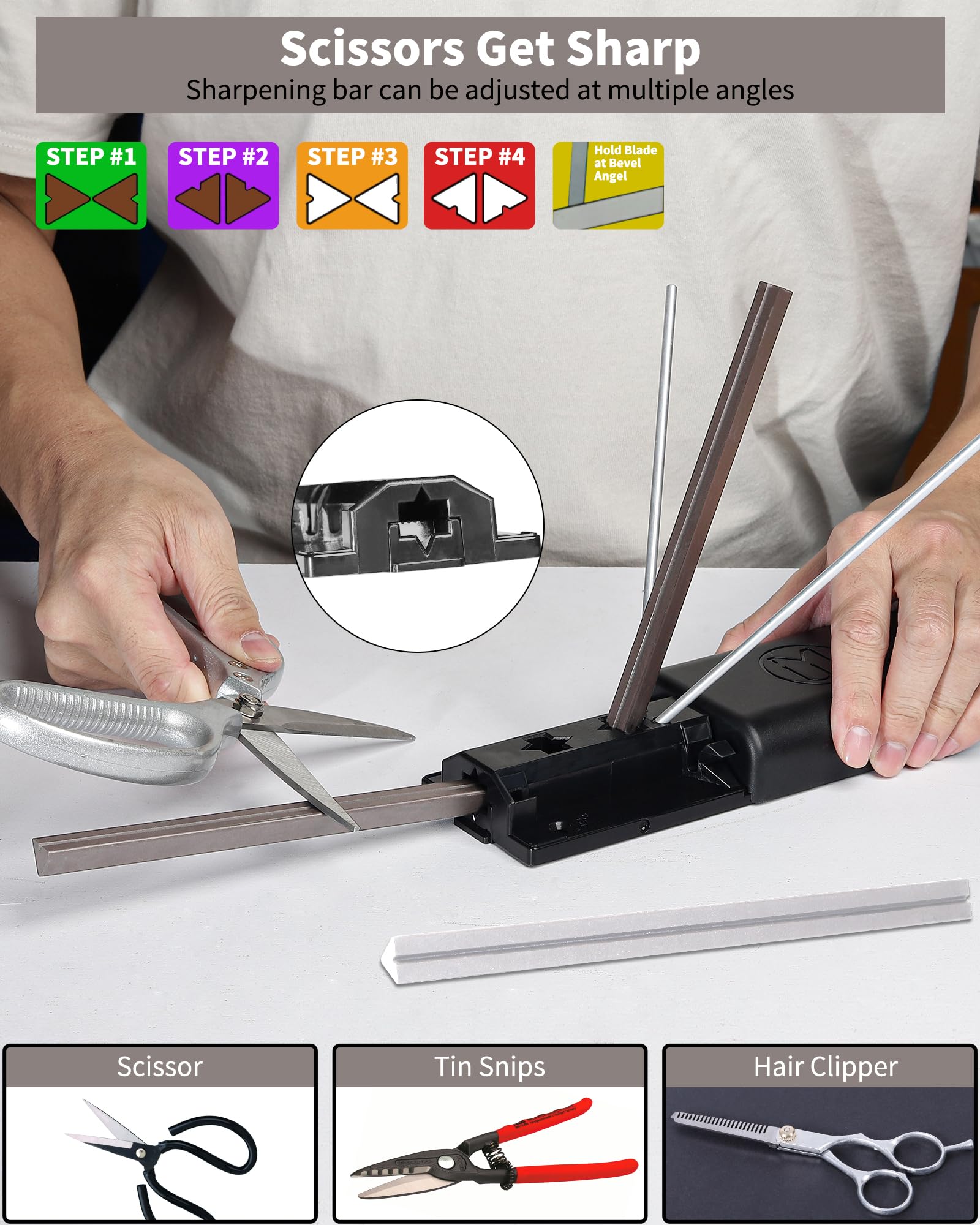Tri knife sharpener with Safety Rods, Premium Alumina Ceramic Stones, Sharpener Rods for Quickly Repairing and Polishing Straight for Kitchen Knives, Scissors, and Razors