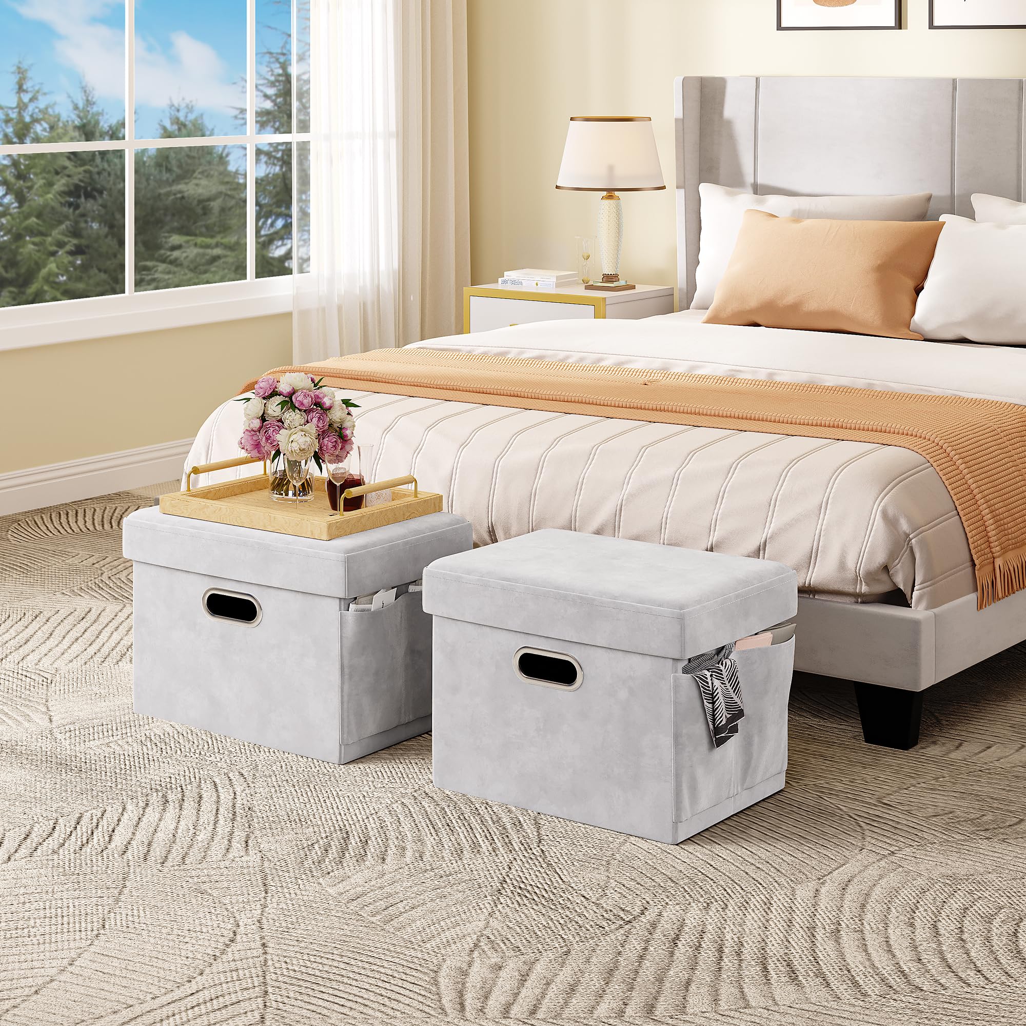 YITAHOME Foldable Storage Ottomans– Velvet Tufted Ottomans with Lid, Multipurpose Organizers for Bedroom, Living Room, Dorm or RV (Set of 2, Grey)