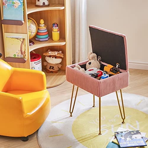 YMYNY Vanity Stool Chair with Storage, Square Velvet Ottoman Foot Stool, Modern Multifunctional Makeup Stool for Bedroom, Living Room, Office, Gold Legs, 18.9 * 15.75 * 11.6", Pink, UHBD024P