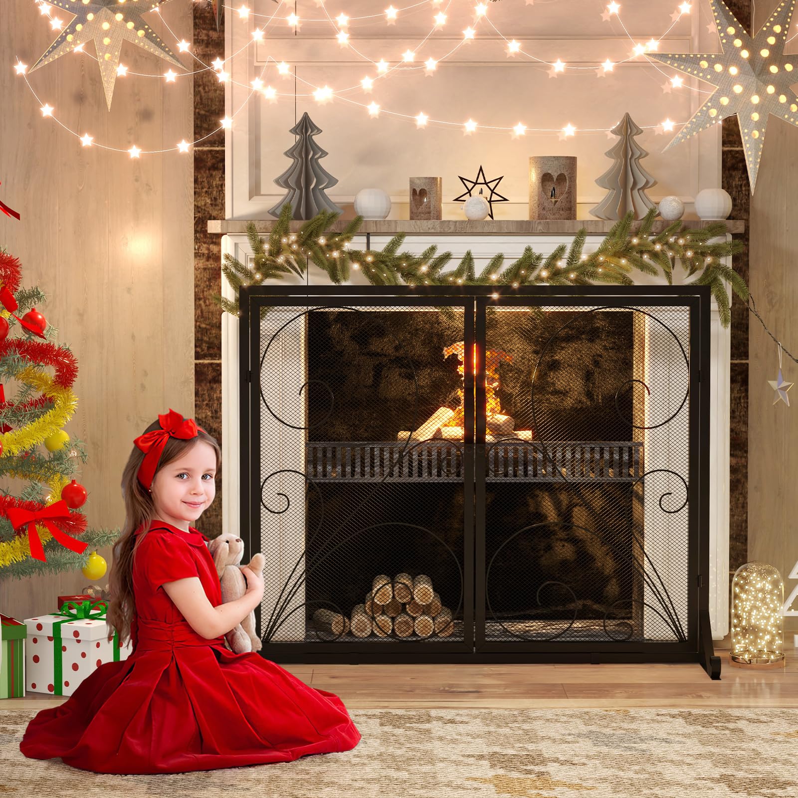 Tangkula Fireplace Screen, Firelpace Gate with Hinged Two-Doors, Wrought Iron Mesh, Steel Crest Fireplace Screen with Wrought Iron, Baby Safe Spark Guard Protector