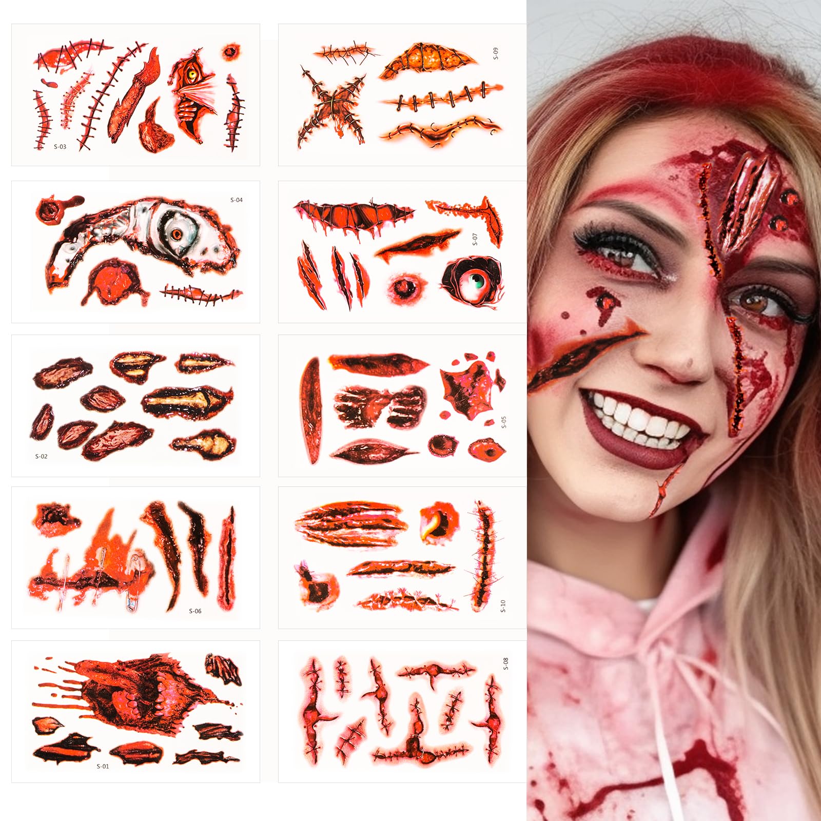 YOSENG Horror Realistic Fake Bloody Wound Stitch Scar Scab Waterproof Temporary Tattoo Sticker Halloween Masquerade Prank Makeup Props for face,body-10PC(YS-10)