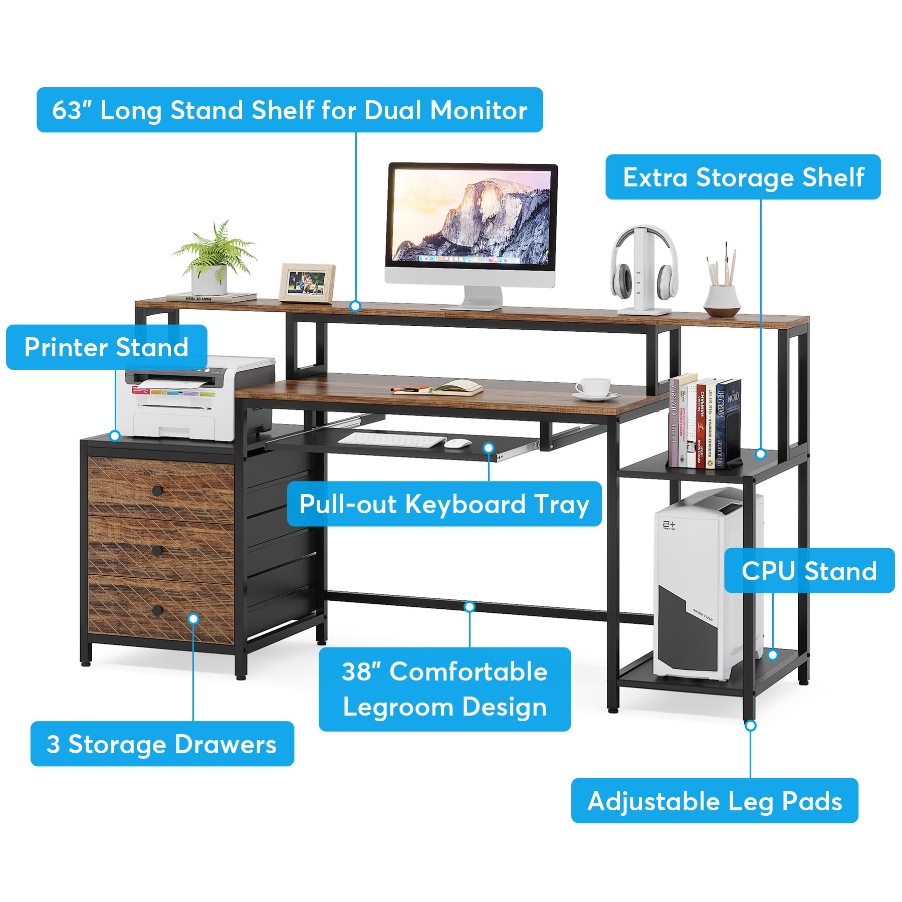 Tribesigns Computer Desk with 3 Drawers, 63 inch Home Office Desk with Monitor Shelf, Industrial Reversible Long PC Gaming Desk with Keyboard Tray, Study Writing Table Workstation, Gray