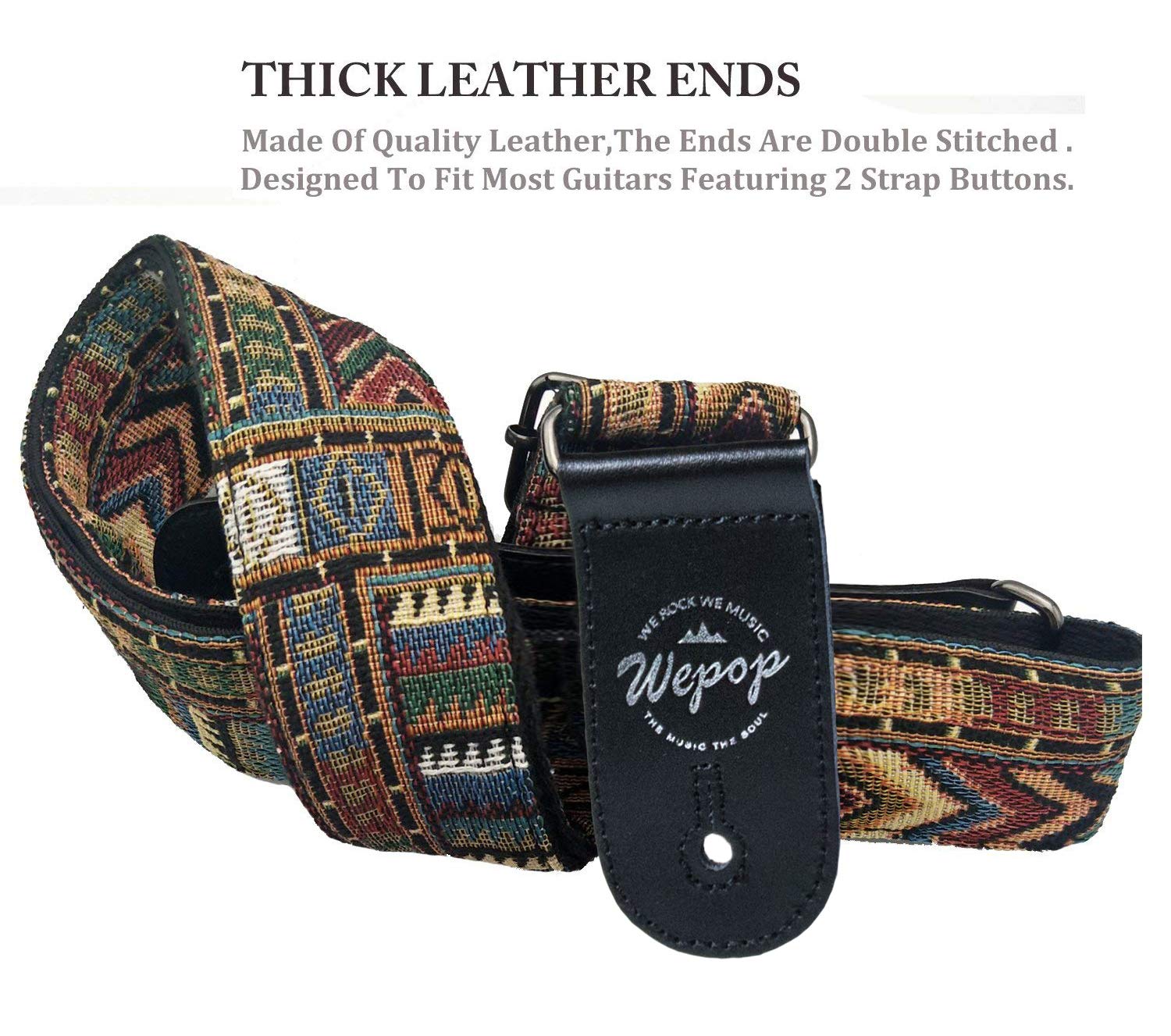 Wepop Guitar Strap Vintage Woven Style Adjustable Acoustic Electric Guitar Bass Strap with Leather Ends, Picks, Strap(Folk lattice)