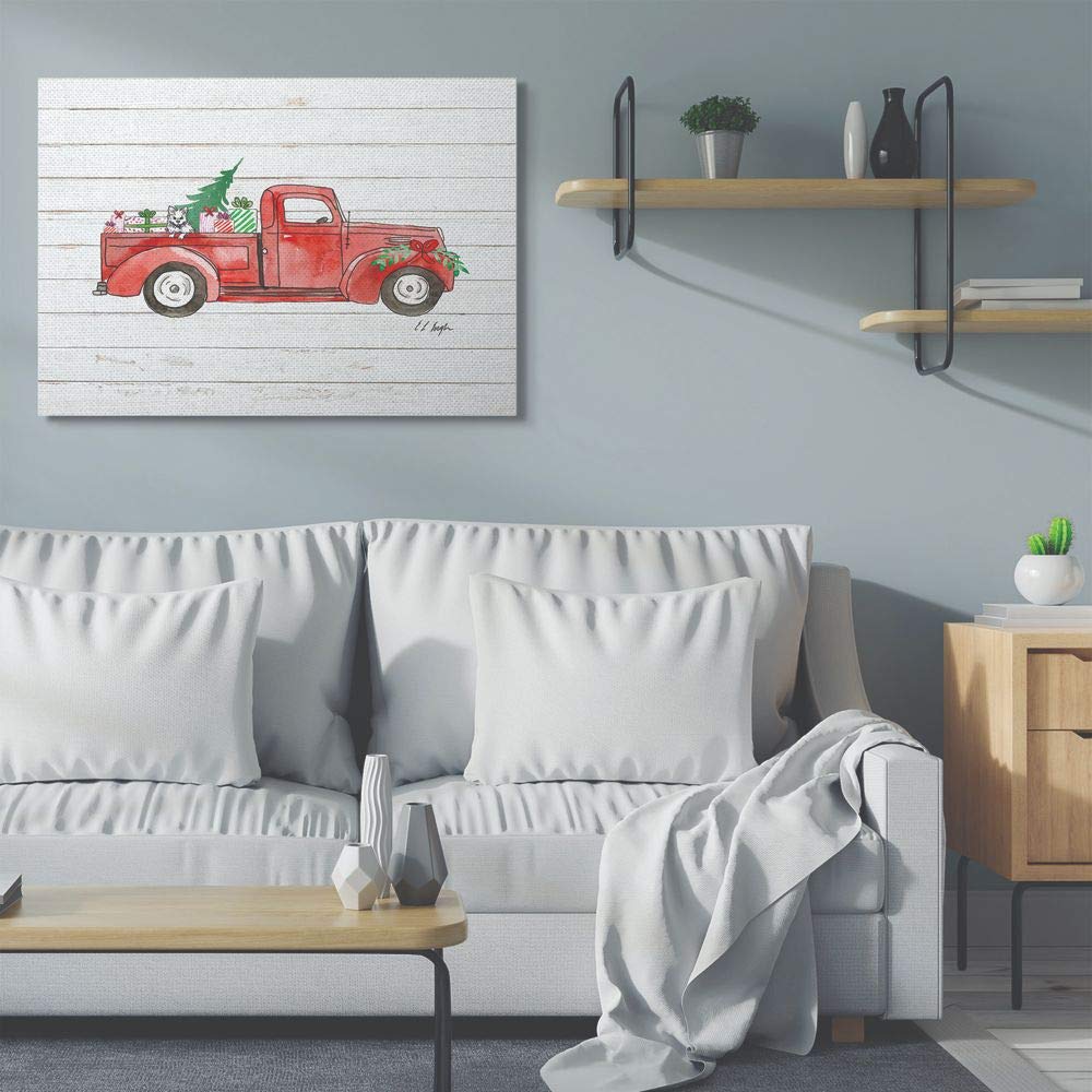 Stupell Industries Christmas Red Truck Tree Wood Texture Holiday Design Canvas, Multi-Color