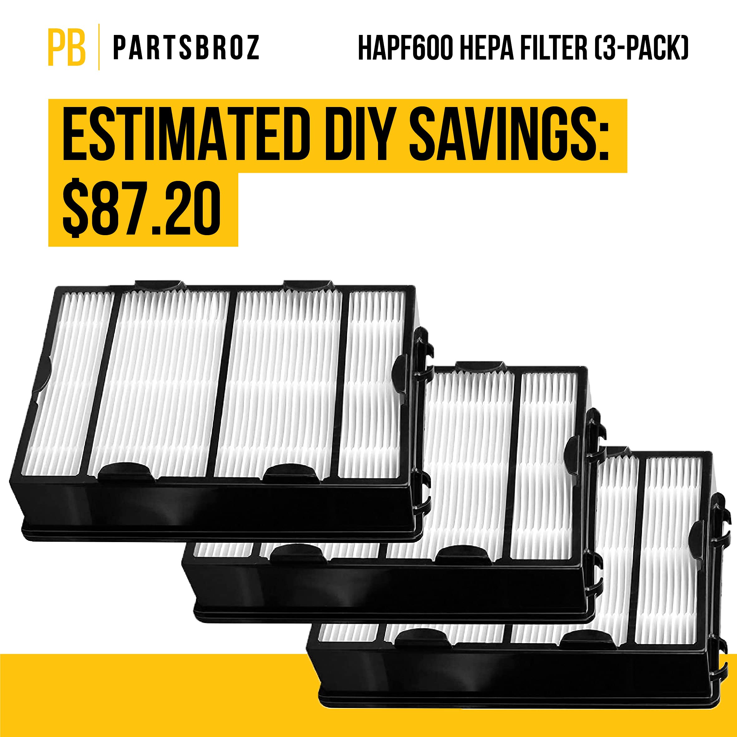 Upgraded HAPF600 HEPA Filter Replacement (3-Pack) by PartsBroz - Exact Fit for HAP8650B-U HAP616B-TU HAP616-TU Holmes Air Purifier - 9.75H x 6.5W x 2.5D in. - B Air Filter & Carbon Pre Filter