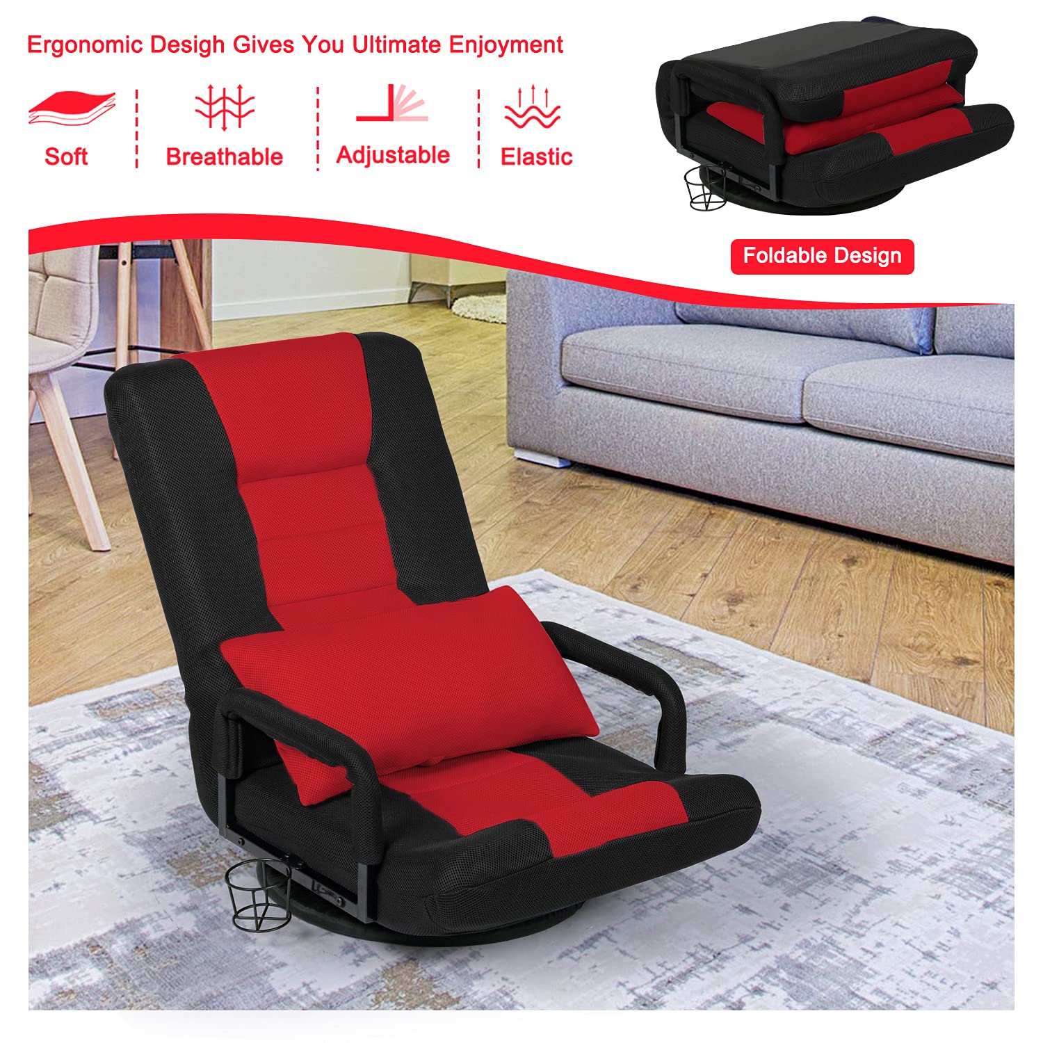 STHOUYN 360-Degree Swivel Gaming Recliner Floor Chair Video Game Chair Armrest, Comfy 6-Position Foldable Adjustable Backrest Red and Black (Red)