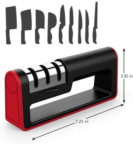 Upgraded Kitchen Knife Sharpener, Ulwae 3-Stage Knife Sharpener to Restore Non-Serrated Knife Blades Quickly, Safely, and Easy to Use for Kitchen, Camping, Hiking and Household Use Red-Black