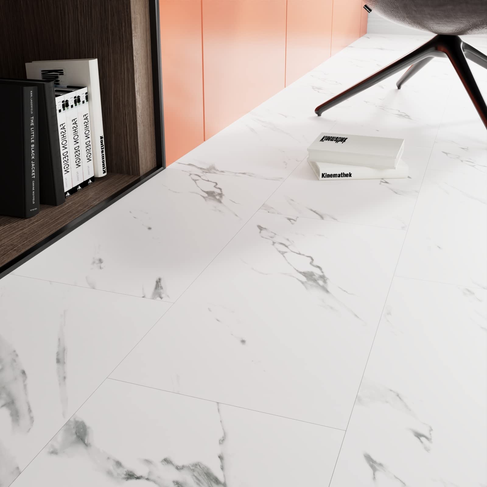 Stickyart 15-Piece White Peel and Stick Marble Vinyl Flooring for Bathroom Waterproof 12"x24" Self Adhesive Marble Floor Tile Stickers Peel and Stick Flooring for Kitchen Bedroom Laundry