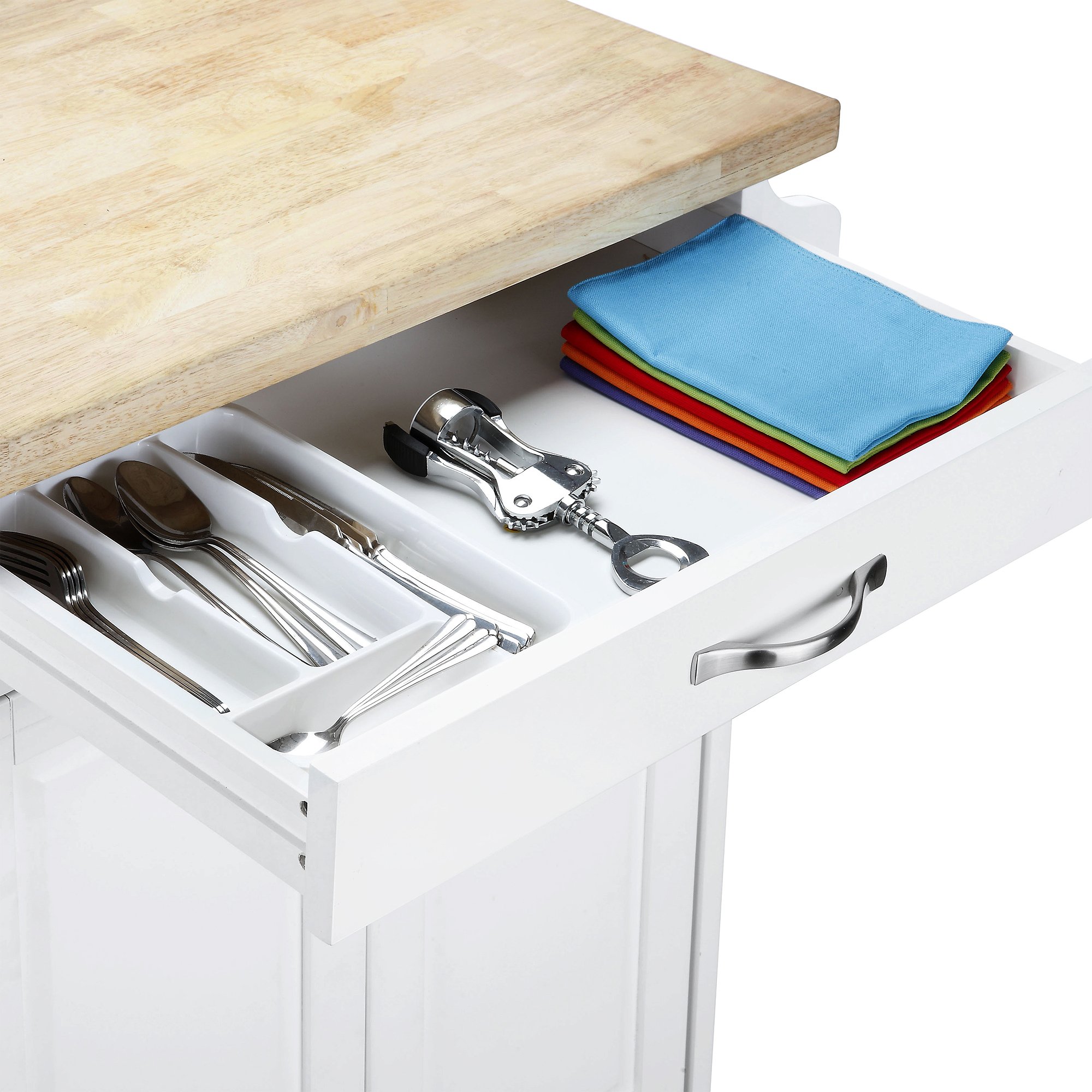 White Kitchen Island Cart with Wheels Wood Top Storage Cabinet Drawer Towel Holder Spice Rack Rolling Utility Shelf Furniture Table Home Office Bar Rack Cupboard