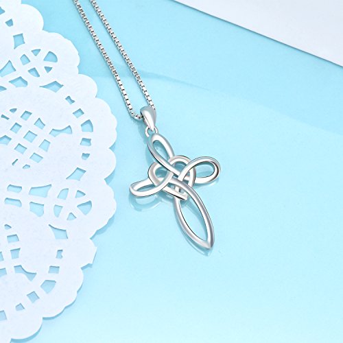 YFN Celtic Knot Cross Necklace 18k White Gold Tone Sterling Silver Infinity Love Heart Pendant Necklace 20" for Women