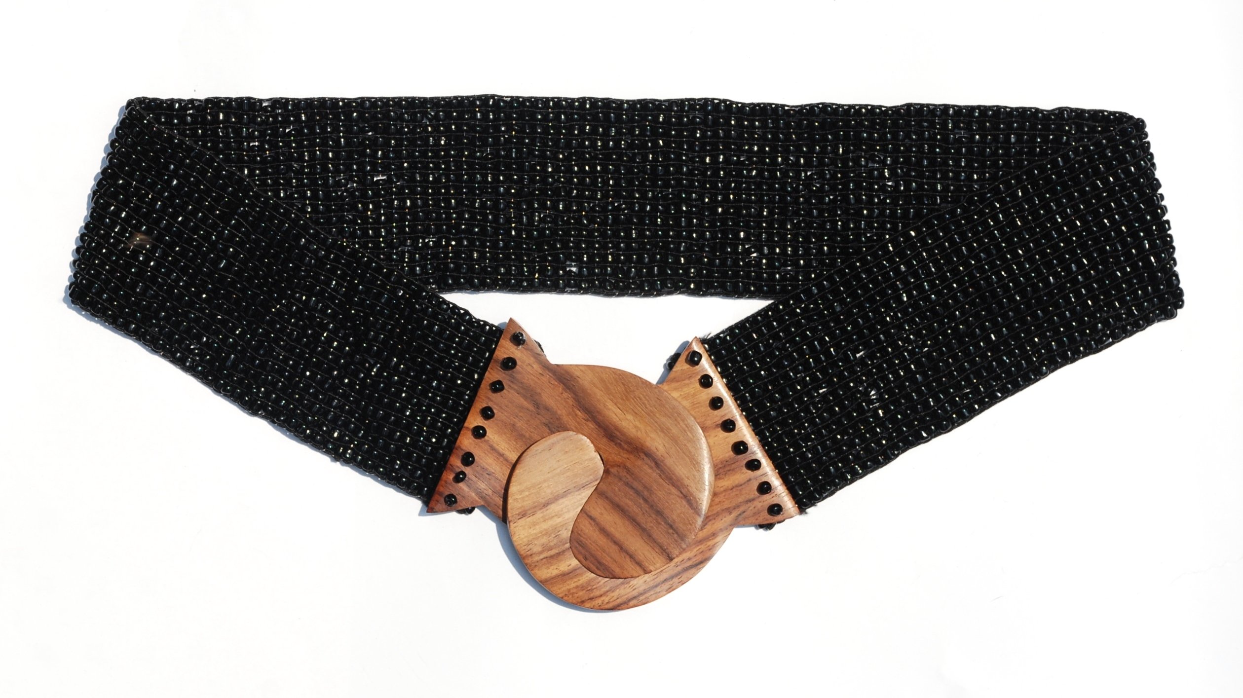 Shiny Black Hand-made Elastic Stretchy Beaded Bali Belt With Wooden Hook Buckle – 2 1/4” Wide