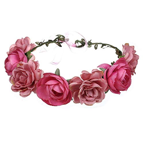Women Rose Floral Crown Hair Wreath Leave Flower Headband with Adjustable Ribbon, Rose Red, Large