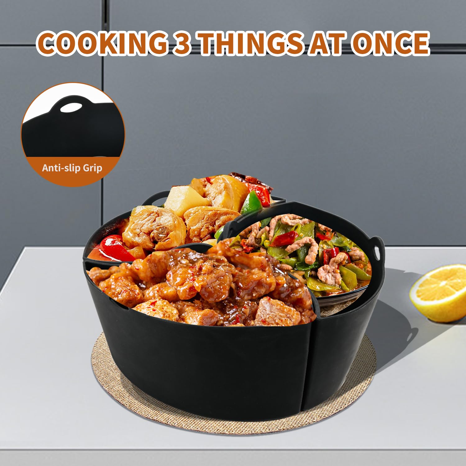 YSF Silicone Slow Cooker Liners, Reusable 3 Divider Inserts, Fits Crock-pot Oval 7 QT 3-in-1 Slow Cooking, Leakproof, Dishwasher Safe, Food-Grade BPA Free, 7 Quart Cook Three Dishes at Once (Black)