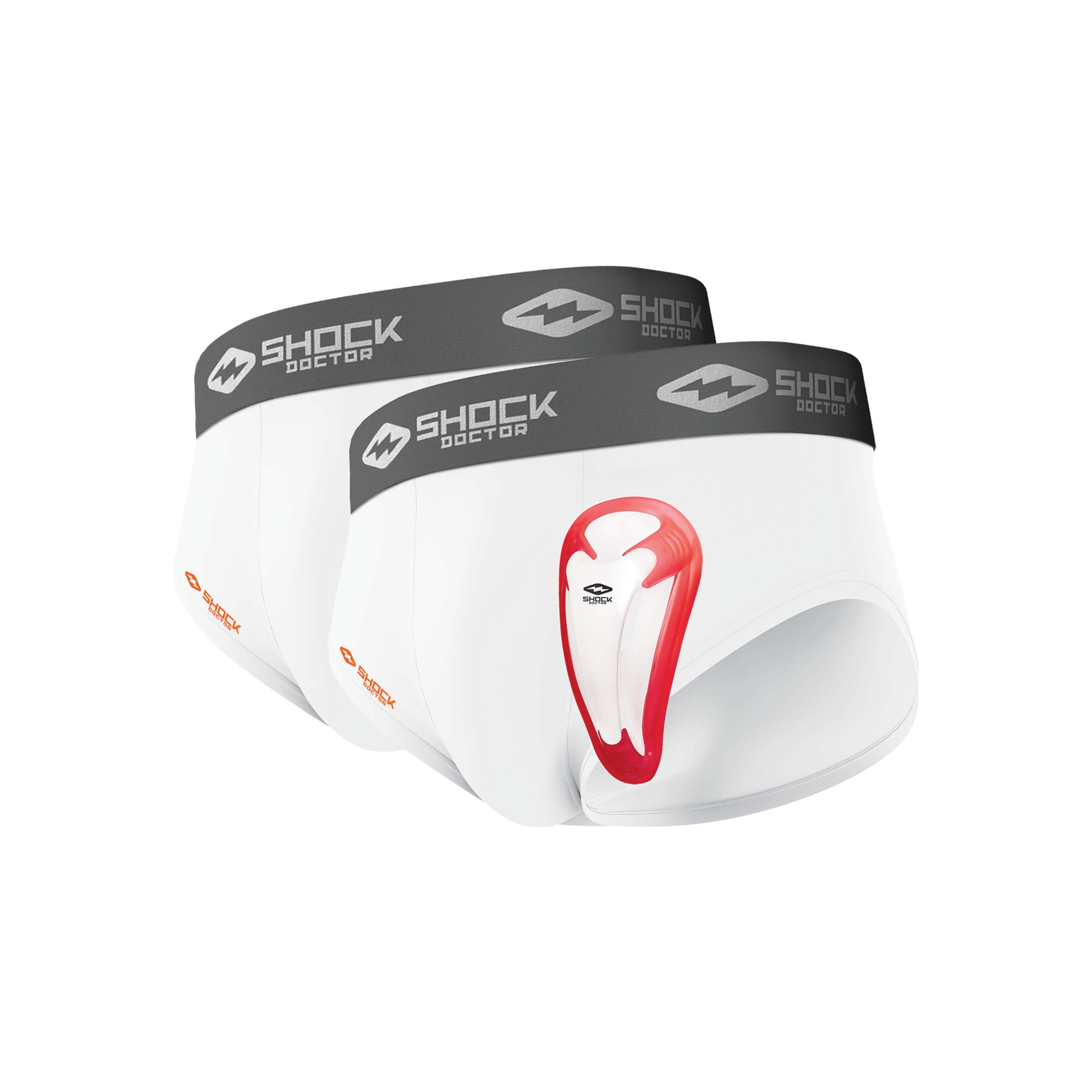 Shock Doctor Youth 2-Pack Briefs Underwear with BioFlex Cup Included. For Boys/Kids. Core Protective for all Sports. White