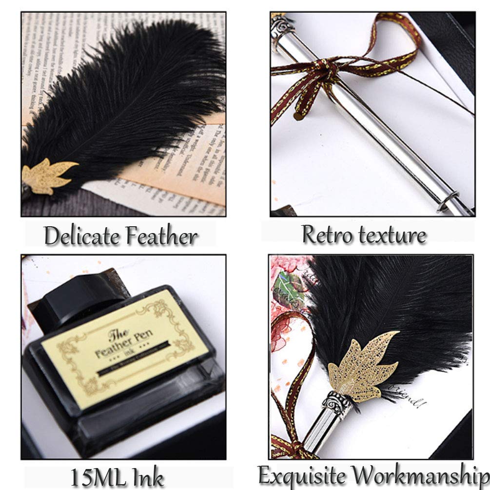 YOLAKIS Feather Quill Pen Set, Retro Dip Feather Pen Calligraphy Pen Luxury Quill Pen and Ink Set (Black)