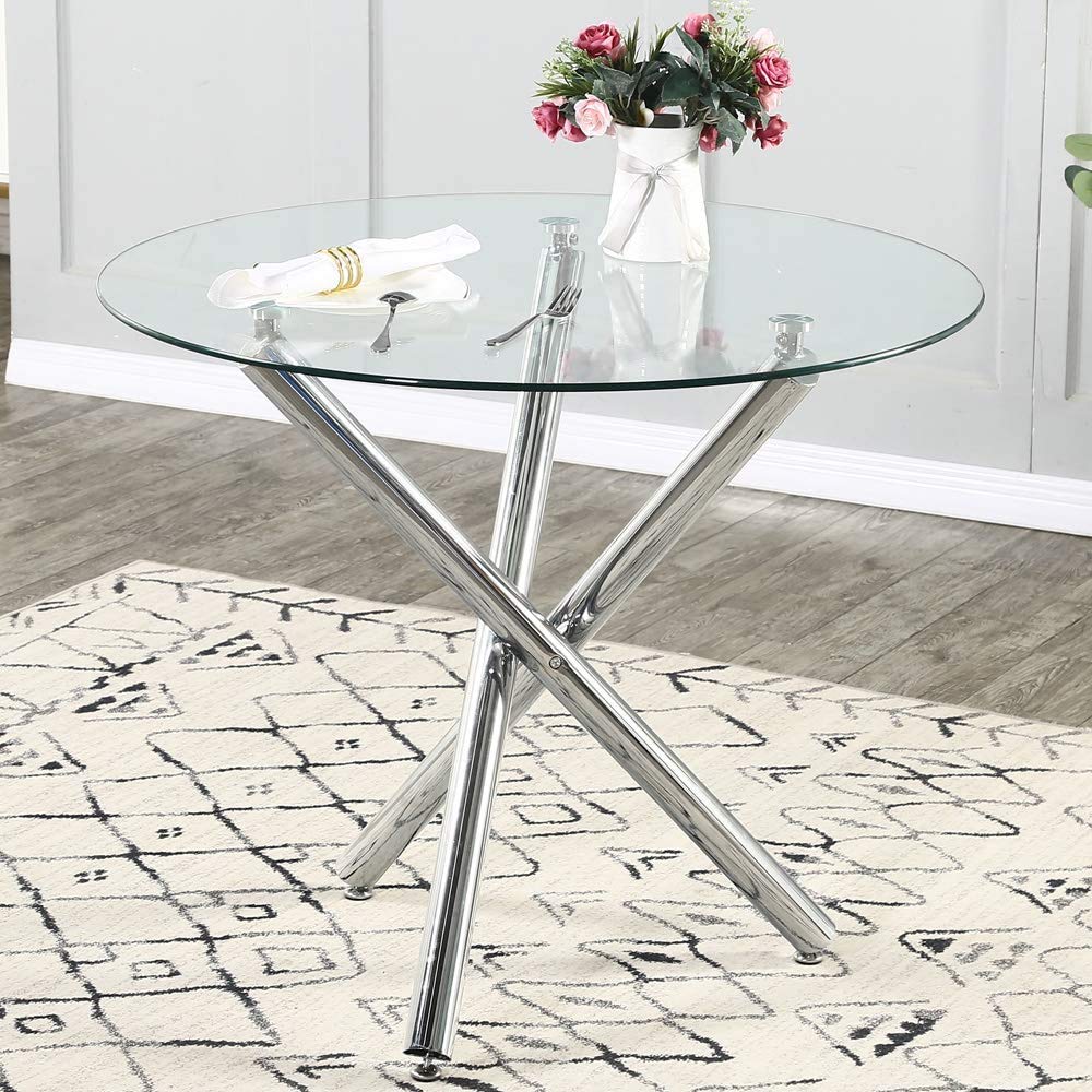 STYLIFING Dining Room Set Round Clear Glass Top Crisscrossing Chrome Metal Legs Kitchen Table and 4 Modern High Back Black Faux Leather Chairs Home Kitchen Office Waiting Room Use