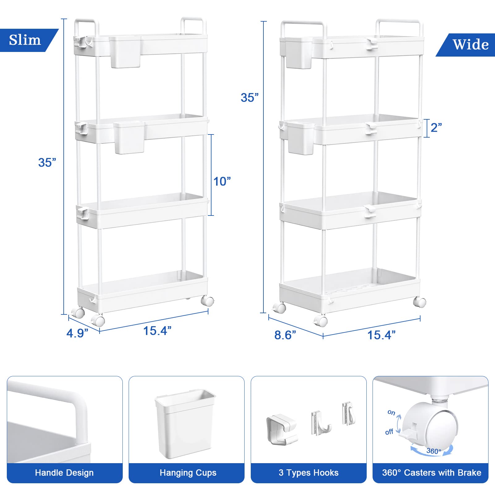 SOLEJAZZ Rolling Storage Cart, 4 Tier Laundry Room Organizer Bathroom Storage Carts, Mobile Storage Shelves with Brake Wheels, Utility Cart for Apartment Bedroom Office Garage, Kitchen, White, 2 Pack