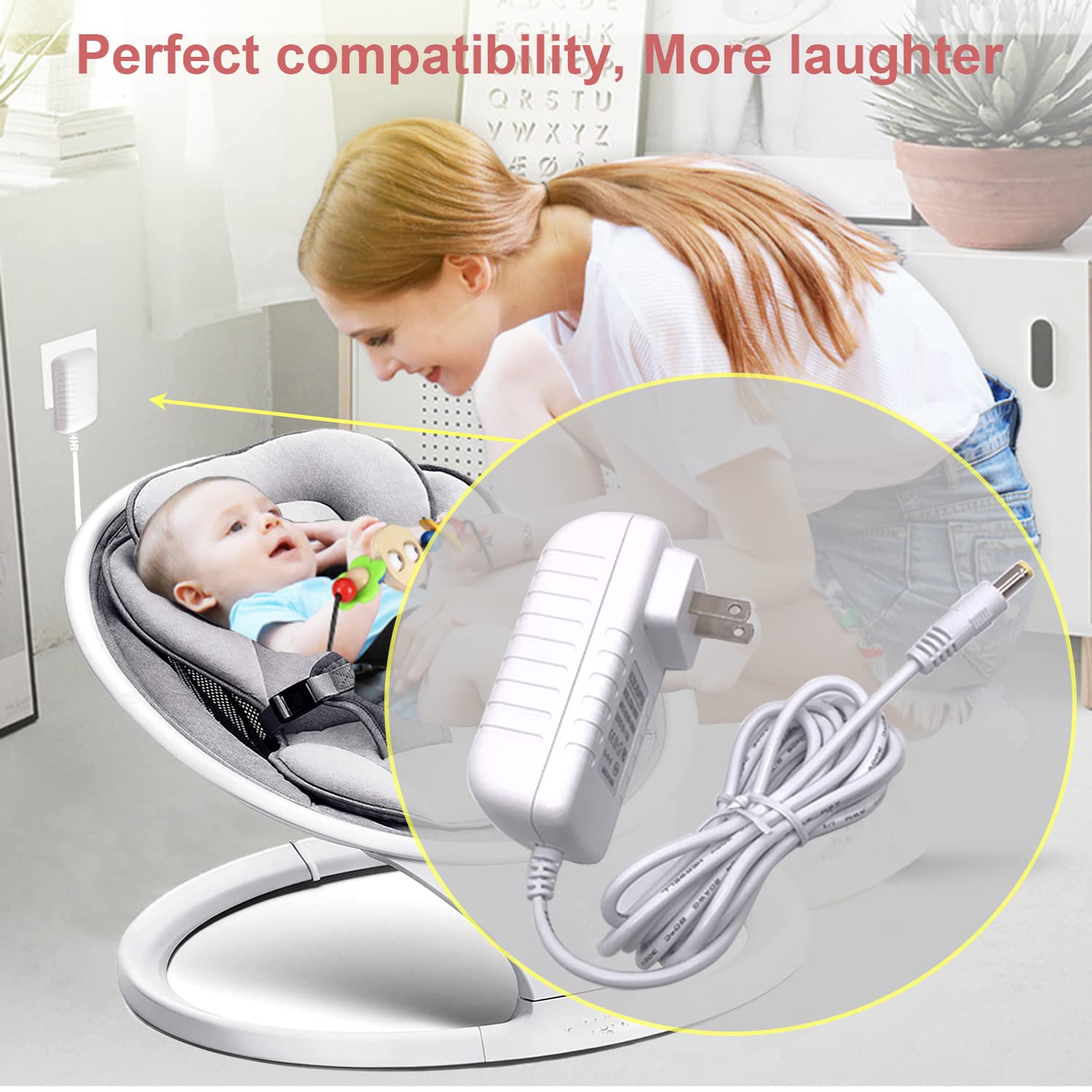 UAUSE 12V 3A Replacement for 4moms mamaroo Power Cord,for 4moms mamaroo 2/4,Rockaroo Baby Swings Charger,Compatible with mamaroo 2015 Infant Seat Bouncer (6.4Ft Length)