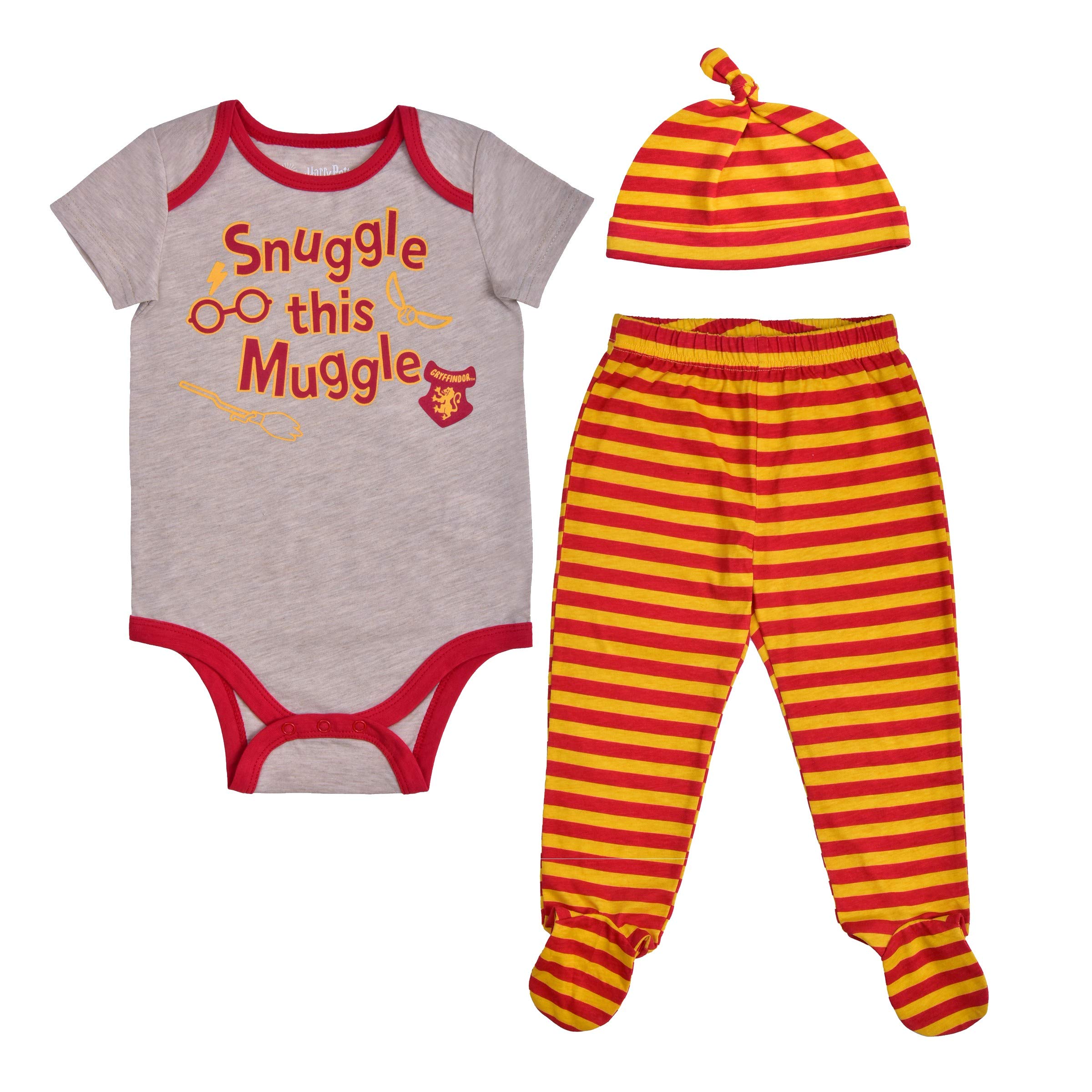 WARNER BROS Harry Potter Boy's 3-Piece Snuggle This Muggle Footed Pant Set, Maroon/Beige/Yellow, Size 6 Months
