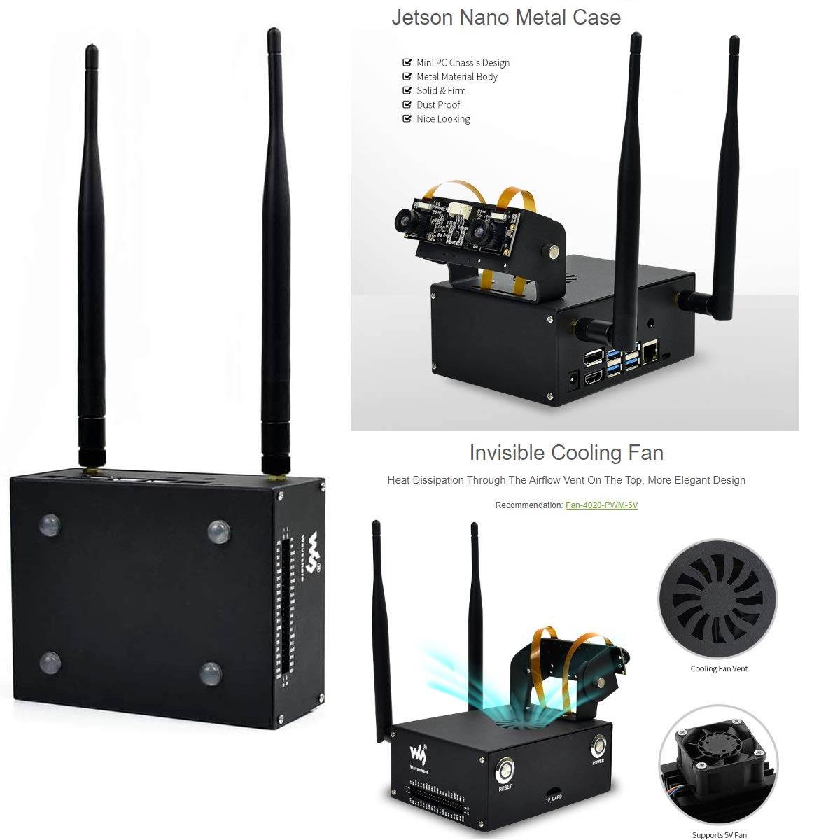 waveshare Metal Case (C) Enclosure with Fan for Jetson Nano Developer Kit and B01 Version with Camera Holder,Reset,Power Buttons Compatible IMX219 Series Camera,Wireless-AC8265