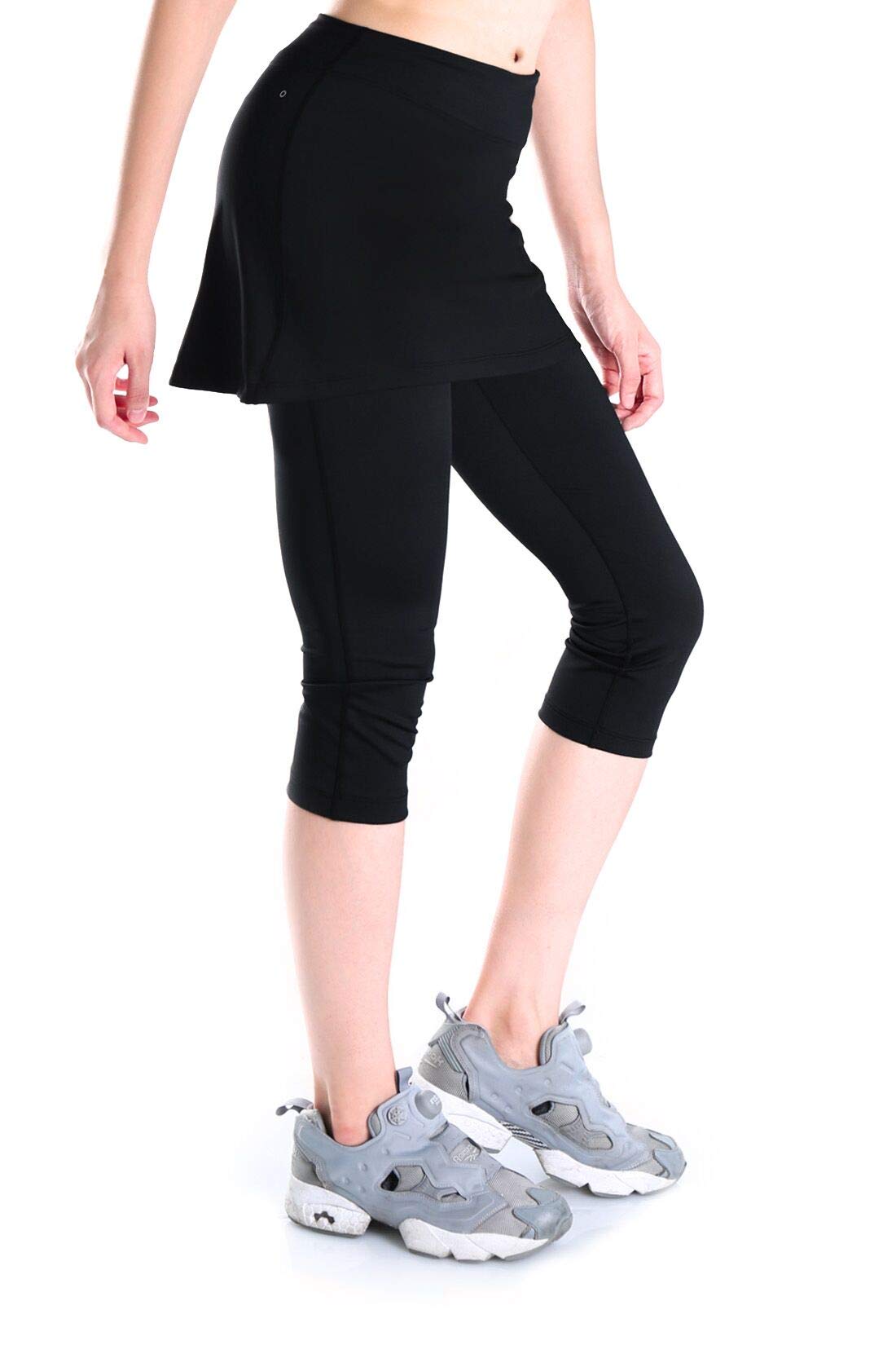 Yogipace Women's UV Protective Capri Leggings with Skirt, Running Skirted Capri, Active Skort with Golf Tennis Ball Pockets, Black, XL