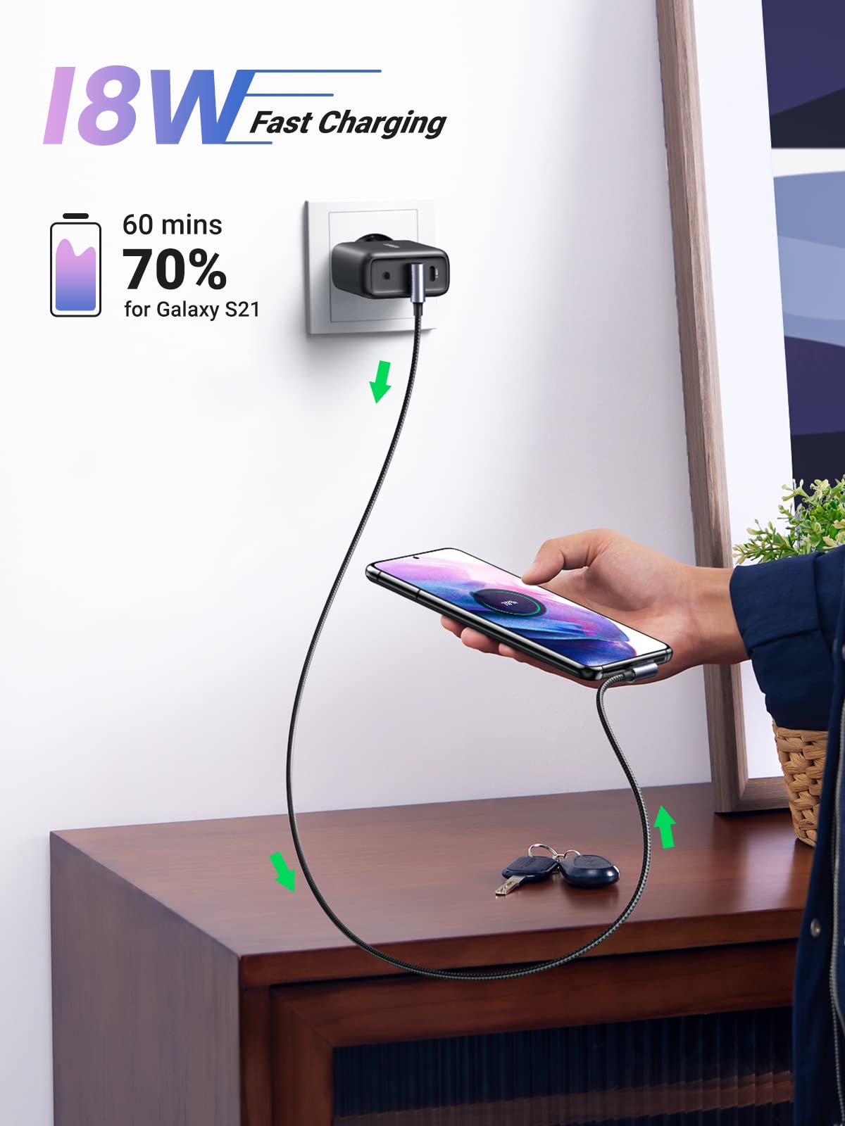 UGREEN USB to USB C Cable 2-Pack 90 Degree USB C Fast Charging Cord Compatible with iPhone 15/15 Plus/15 Pro/15 Pro Max/Samsung Galaxy S10/S10+/Pixel 7/6a/LG G8/G7/Pixel/Switch, etc. 6.6FT