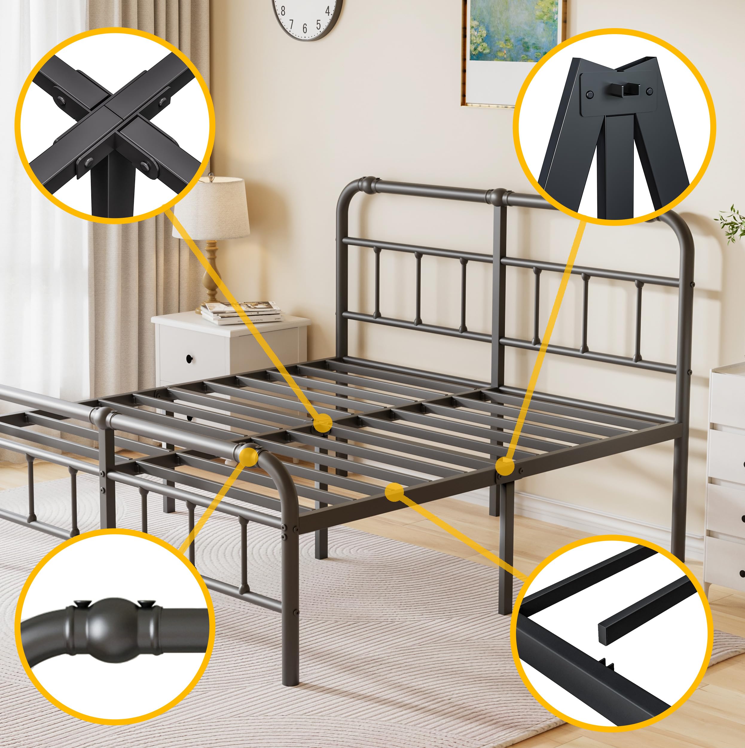 ZIYOO Queen Bed Frame with Headboard and Footboard, 14 Inch High, Heavy Duty Steel Slats Up to 3500lbs Support, No Box Spring Needed, Easy Assembly, Noise-Free Platform-Black