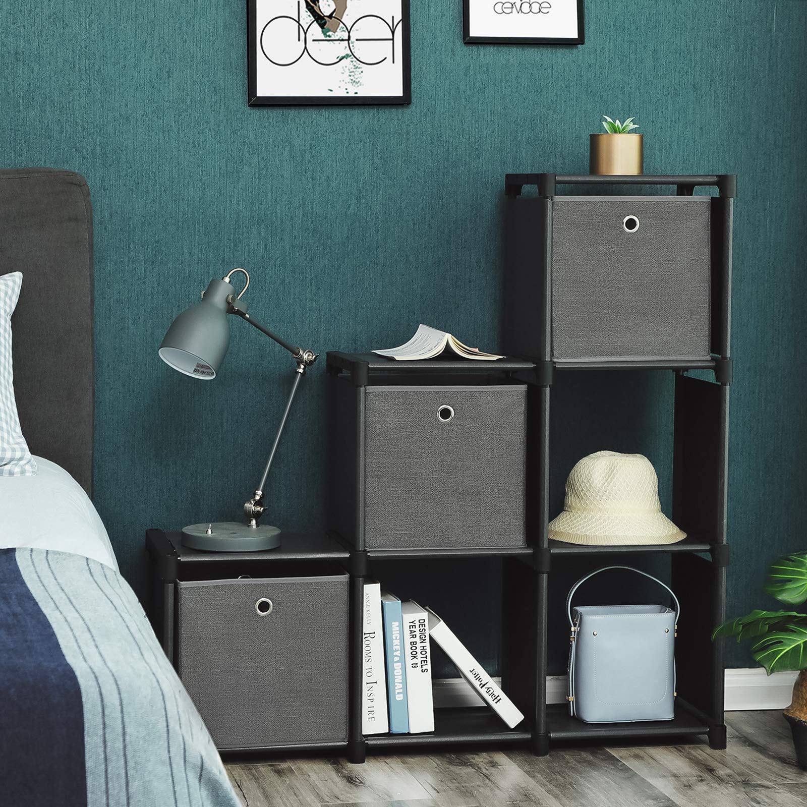 SONGMICS Cube Storage, 6-Cube Bookcase, Ladder Storage Unit with 3 Storage Boxes, DIY Closet Organizer, Sturdy Metal Frame, Includes Rubber Mallet, 41.4 x 11.8 x 41.4 Inches, Black ULSN23BK