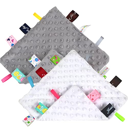 XIAOMUWU Tag Security Blankets for Babies, Sensory Soothing Blanket for 3-12 Months Baby, Soft Minky Loveys Toys for Girls and Boys (Gray White)