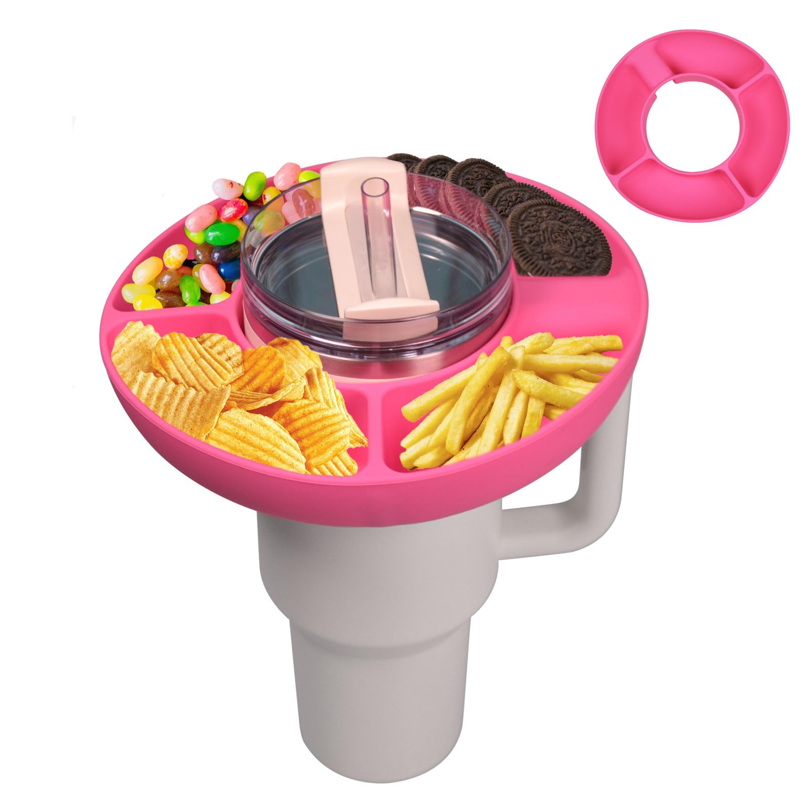 Xandz Silicone Tumbler Snack Bowl for Stanley Cup 40 oz with Handle,Reusable Snack Ring for 40 oz Tumbler with Handle 4 Compartment Snack Tray for Stanley Quencher Accessories, Pink