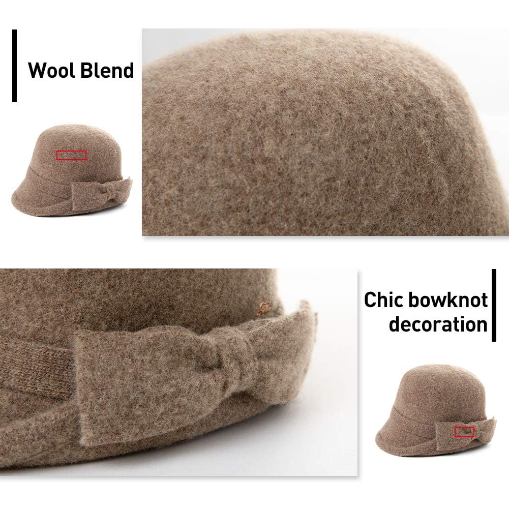 Womens Vintage Wool Felt Cloche Bucket Bowler Hat Winter Foldable Warm Grey